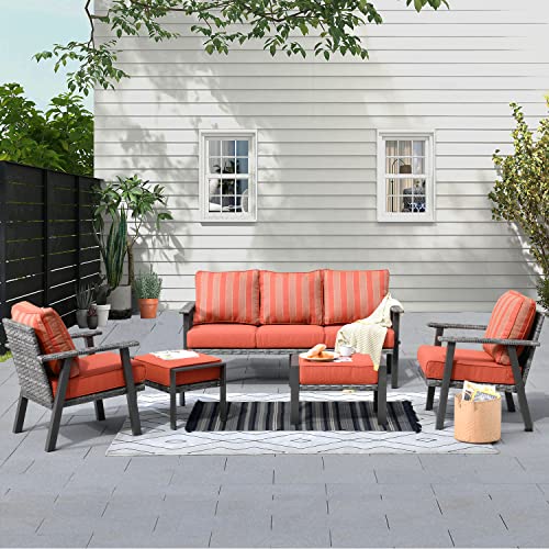 XIZZI Patio Furniture Set,Outdoor Furniture,5 PCS High Back Outside Wicker Patio Conversation Sectional Sofa Set with Premium Fabric Cushions(Orange Red)