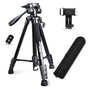 torjim 60” camera tripod with carry bag, lightweight travel aluminum professional tripod stand (5kg/11lb load) with wireless remote for dslr slr cameras compatible with phone-black