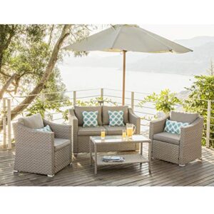 cosiest 4-piece patio furniture sectional sofa all-weather outdoor wicker conversation set w warm gray cushions, glass coffee table, 4 teal pattern pillows for deck, backyard, pool