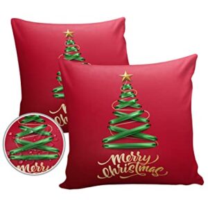 Outdoor Waterproof Throw Pillow Covers, Christmas Tree Furniture Decorative Throw Pillowcase Set of 2, Green Xmas Tree with Star Christmas Red Cushion Case for Patio Tent Couch 18x18 Inch