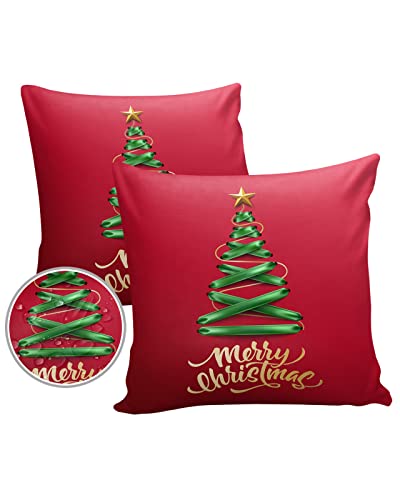 Outdoor Waterproof Throw Pillow Covers, Christmas Tree Furniture Decorative Throw Pillowcase Set of 2, Green Xmas Tree with Star Christmas Red Cushion Case for Patio Tent Couch 18x18 Inch