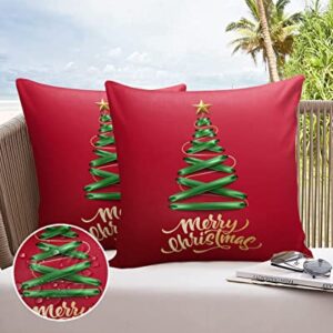 Outdoor Waterproof Throw Pillow Covers, Christmas Tree Furniture Decorative Throw Pillowcase Set of 2, Green Xmas Tree with Star Christmas Red Cushion Case for Patio Tent Couch 18x18 Inch