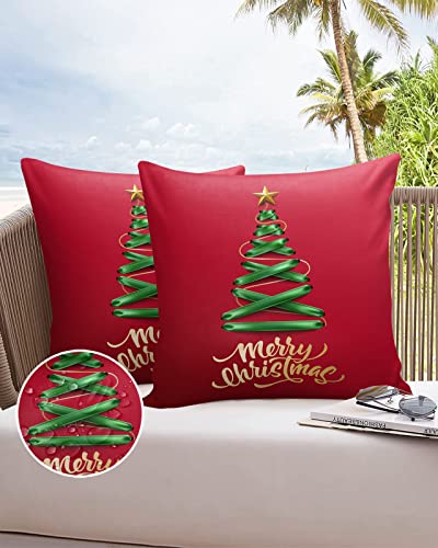 Outdoor Waterproof Throw Pillow Covers, Christmas Tree Furniture Decorative Throw Pillowcase Set of 2, Green Xmas Tree with Star Christmas Red Cushion Case for Patio Tent Couch 18x18 Inch