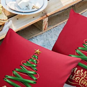 Outdoor Waterproof Throw Pillow Covers, Christmas Tree Furniture Decorative Throw Pillowcase Set of 2, Green Xmas Tree with Star Christmas Red Cushion Case for Patio Tent Couch 18x18 Inch