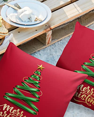 Outdoor Waterproof Throw Pillow Covers, Christmas Tree Furniture Decorative Throw Pillowcase Set of 2, Green Xmas Tree with Star Christmas Red Cushion Case for Patio Tent Couch 18x18 Inch