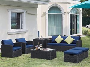 green4ever 9 piece patio furniture set, all-weather outdoor sectional sofa wicker rattan couch patio conversation set with storage box, coffee table, ottoman, and blue cushion