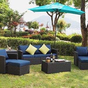 Green4ever 9 Piece Patio Furniture Set, All-Weather Outdoor Sectional Sofa Wicker Rattan Couch Patio Conversation Set with Storage Box, Coffee Table, Ottoman, and Blue Cushion