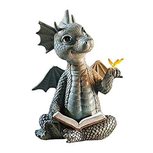 Dragon Reading Book Statue Dinosaur Holding Butterfly Figurines Art Resin Sculpture Outdoor Garden Decor Home Desk Ornament