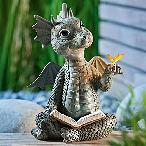 Dragon Reading Book Statue Dinosaur Holding Butterfly Figurines Art Resin Sculpture Outdoor Garden Decor Home Desk Ornament