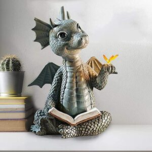 Dragon Reading Book Statue Dinosaur Holding Butterfly Figurines Art Resin Sculpture Outdoor Garden Decor Home Desk Ornament