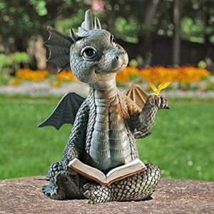 Dragon Reading Book Statue Dinosaur Holding Butterfly Figurines Art Resin Sculpture Outdoor Garden Decor Home Desk Ornament