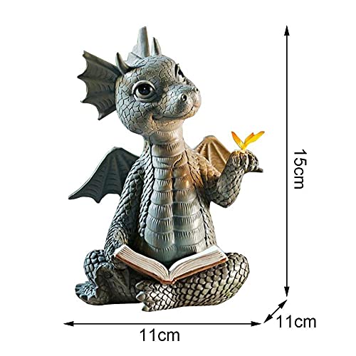 Dragon Reading Book Statue Dinosaur Holding Butterfly Figurines Art Resin Sculpture Outdoor Garden Decor Home Desk Ornament