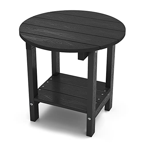 SAKSUN Round Outdoor Side Table, 18 Inch End Table 2-Tier Plastic Adirondack Tables with Storage Shelf, Weather Resistant for Patio,Garden, Porch (Black)