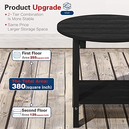 SAKSUN Round Outdoor Side Table, 18 Inch End Table 2-Tier Plastic Adirondack Tables with Storage Shelf, Weather Resistant for Patio,Garden, Porch (Black)