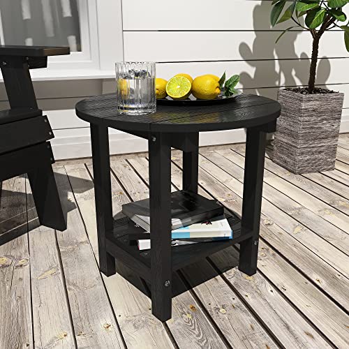 SAKSUN Round Outdoor Side Table, 18 Inch End Table 2-Tier Plastic Adirondack Tables with Storage Shelf, Weather Resistant for Patio,Garden, Porch (Black)