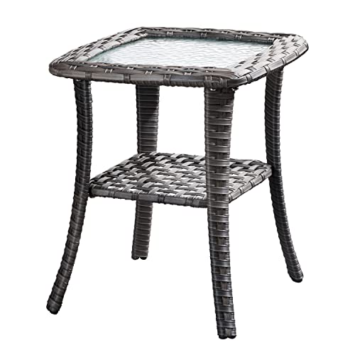 ovios Patio Coffee Table Outdoor Wicker Rattan Side Table Garden Tea Table Square End Table with Glass Top for Backyard Deck Balcony (Grey-Small Size)