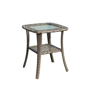 ovios Patio Coffee Table Outdoor Wicker Rattan Side Table Garden Tea Table Square End Table with Glass Top for Backyard Deck Balcony (Grey-Small Size)