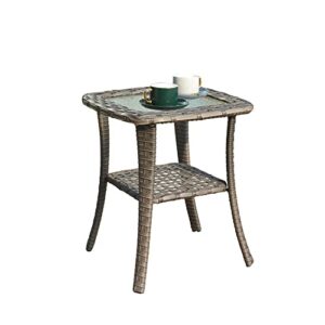 ovios Patio Coffee Table Outdoor Wicker Rattan Side Table Garden Tea Table Square End Table with Glass Top for Backyard Deck Balcony (Grey-Small Size)