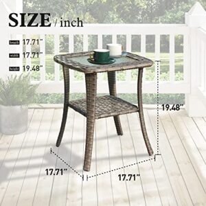 ovios Patio Coffee Table Outdoor Wicker Rattan Side Table Garden Tea Table Square End Table with Glass Top for Backyard Deck Balcony (Grey-Small Size)