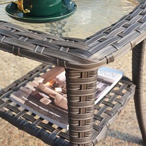 ovios Patio Coffee Table Outdoor Wicker Rattan Side Table Garden Tea Table Square End Table with Glass Top for Backyard Deck Balcony (Grey-Small Size)