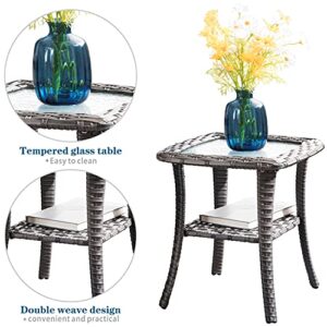 ovios Patio Coffee Table Outdoor Wicker Rattan Side Table Garden Tea Table Square End Table with Glass Top for Backyard Deck Balcony (Grey-Small Size)