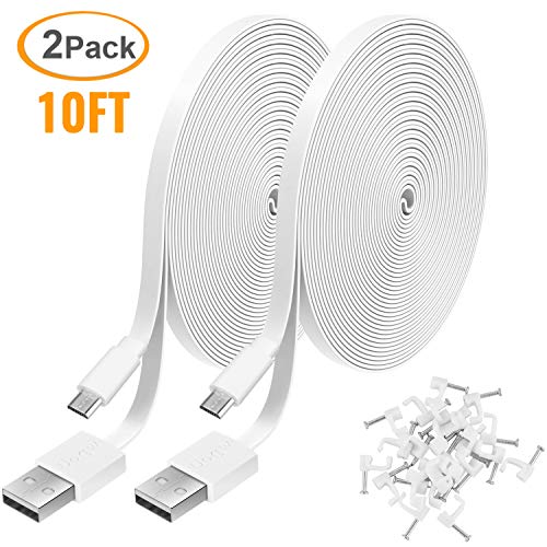 2 Pack 10FT Power Extension Cable for WyzeCam, WyzeCam Pan, KasaCam Indoor, NestCam Indoor, Blink,Cloud Cam, USB to Micro USB Durable Charging and Data Sync Cord(White)