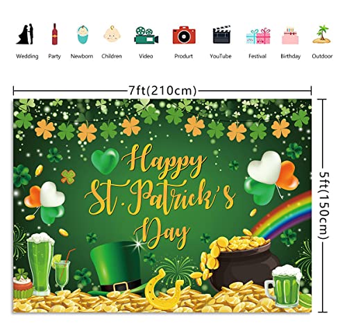 Happy St.Patrick's Day Backdrop 7x5FT Green Lucky Irish Shamrock Pot of Gold Coins Photography Background Holiday Party Supplies Newborn Kids Adults Portraits Photo Booth Props (84x60 inch)