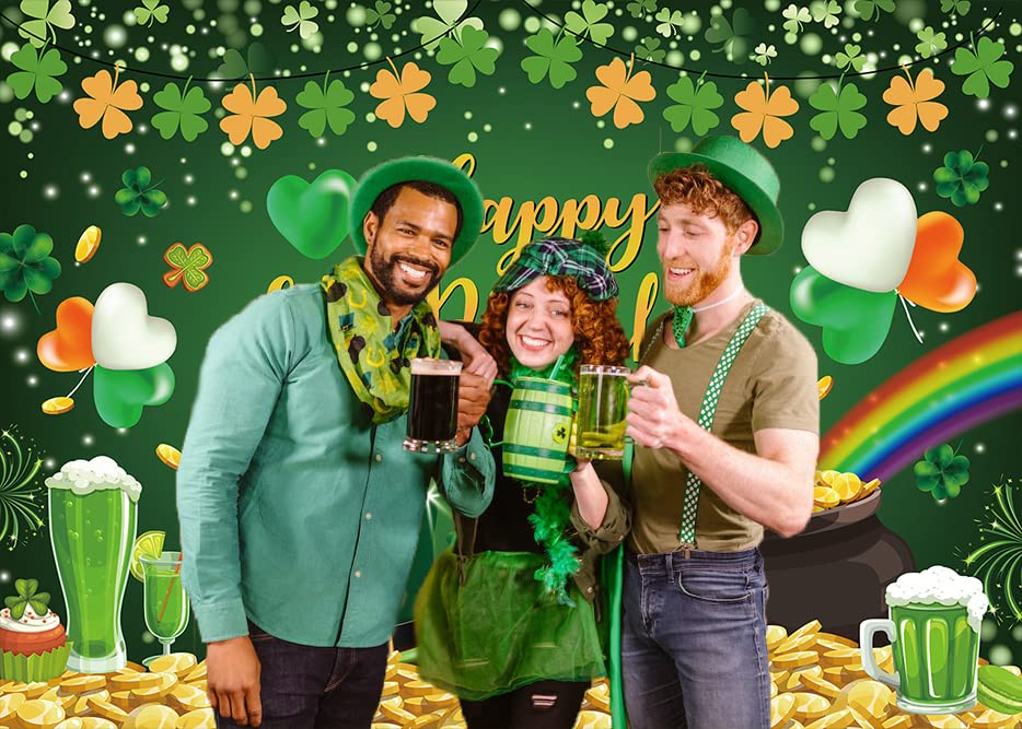 Happy St.Patrick's Day Backdrop 7x5FT Green Lucky Irish Shamrock Pot of Gold Coins Photography Background Holiday Party Supplies Newborn Kids Adults Portraits Photo Booth Props (84x60 inch)