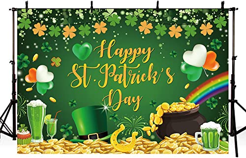 Happy St.Patrick's Day Backdrop 7x5FT Green Lucky Irish Shamrock Pot of Gold Coins Photography Background Holiday Party Supplies Newborn Kids Adults Portraits Photo Booth Props (84x60 inch)