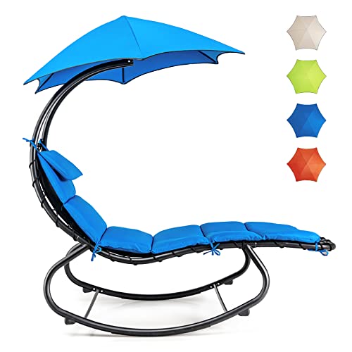 Tangkula Hanging Chaise Lounge Chair, Rocking Hammock Swing Chair with Cushion, Built-in Pillow, Removable Canopy, Outdoor Hanging Curved Chaise Lounger for Poolside, Backyard, Garden (Blue)