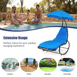 Tangkula Hanging Chaise Lounge Chair, Rocking Hammock Swing Chair with Cushion, Built-in Pillow, Removable Canopy, Outdoor Hanging Curved Chaise Lounger for Poolside, Backyard, Garden (Blue)