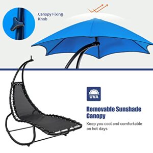 Tangkula Hanging Chaise Lounge Chair, Rocking Hammock Swing Chair with Cushion, Built-in Pillow, Removable Canopy, Outdoor Hanging Curved Chaise Lounger for Poolside, Backyard, Garden (Blue)