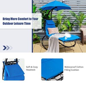 Tangkula Hanging Chaise Lounge Chair, Rocking Hammock Swing Chair with Cushion, Built-in Pillow, Removable Canopy, Outdoor Hanging Curved Chaise Lounger for Poolside, Backyard, Garden (Blue)