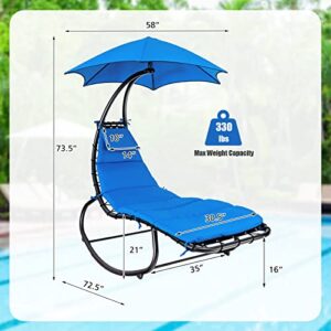 Tangkula Hanging Chaise Lounge Chair, Rocking Hammock Swing Chair with Cushion, Built-in Pillow, Removable Canopy, Outdoor Hanging Curved Chaise Lounger for Poolside, Backyard, Garden (Blue)