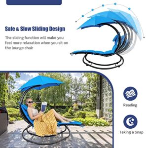 Tangkula Hanging Chaise Lounge Chair, Rocking Hammock Swing Chair with Cushion, Built-in Pillow, Removable Canopy, Outdoor Hanging Curved Chaise Lounger for Poolside, Backyard, Garden (Blue)