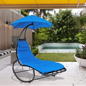 Tangkula Hanging Chaise Lounge Chair, Rocking Hammock Swing Chair with Cushion, Built-in Pillow, Removable Canopy, Outdoor Hanging Curved Chaise Lounger for Poolside, Backyard, Garden (Blue)