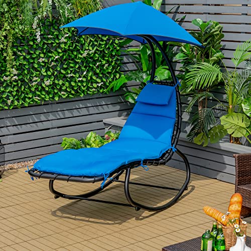 Tangkula Hanging Chaise Lounge Chair, Rocking Hammock Swing Chair with Cushion, Built-in Pillow, Removable Canopy, Outdoor Hanging Curved Chaise Lounger for Poolside, Backyard, Garden (Blue)