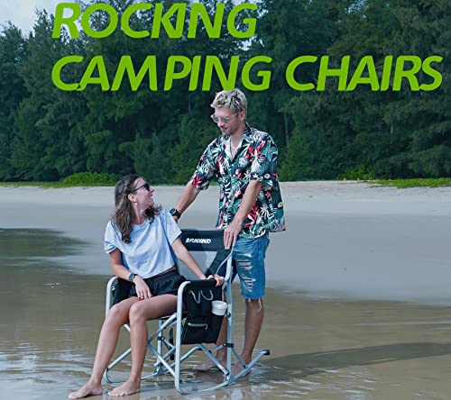 FUNDANGO Camping Rocking Chairs Portable Outdoor Rocker Director Chair with Carry Bag for Outdoor, Porch, Backyard, Patio, Lawn, Garden（Black/Grey）