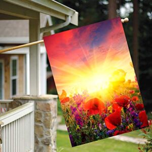 ShineSnow Floral Flowers Red Poppies Field Sunlight Sunrise Autumn Summer Spring House Flag 28" x 40" Double Sided Polyester Welcome Yard Garden Flag Banners for Patio Lawn Home Outdoor Decor