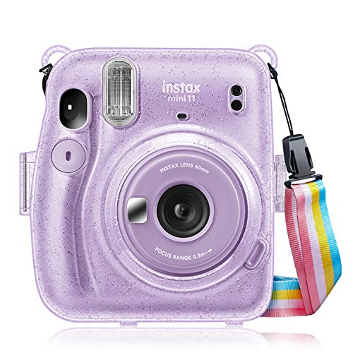 Fintie Protective Clear Case for Fujifilm Instax Mini 11 Instant Film Camera - Crystal Hard Shell Cover with Removable Rainbow Shoulder Strap, Glittering Purple