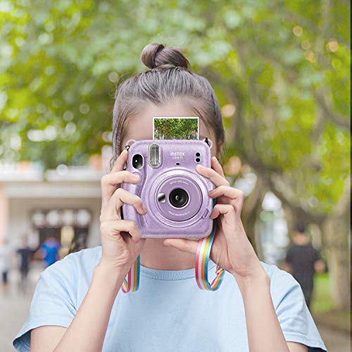 Fintie Protective Clear Case for Fujifilm Instax Mini 11 Instant Film Camera - Crystal Hard Shell Cover with Removable Rainbow Shoulder Strap, Glittering Purple