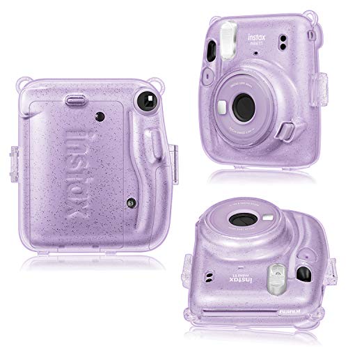 Fintie Protective Clear Case for Fujifilm Instax Mini 11 Instant Film Camera - Crystal Hard Shell Cover with Removable Rainbow Shoulder Strap, Glittering Purple