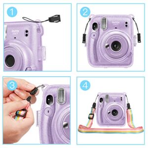 Fintie Protective Clear Case for Fujifilm Instax Mini 11 Instant Film Camera - Crystal Hard Shell Cover with Removable Rainbow Shoulder Strap, Glittering Purple