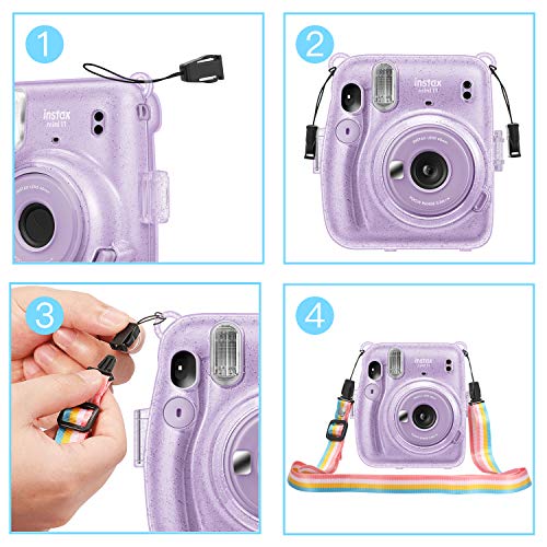 Fintie Protective Clear Case for Fujifilm Instax Mini 11 Instant Film Camera - Crystal Hard Shell Cover with Removable Rainbow Shoulder Strap, Glittering Purple