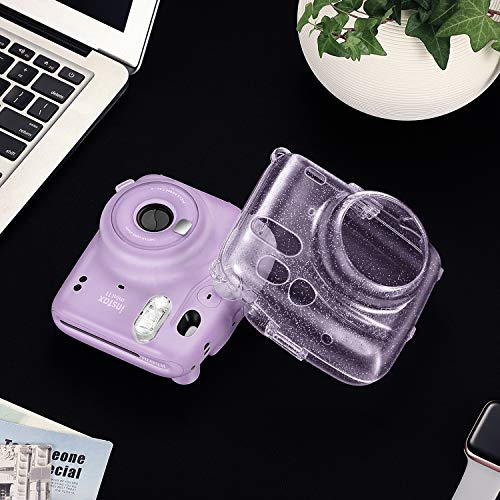 Fintie Protective Clear Case for Fujifilm Instax Mini 11 Instant Film Camera - Crystal Hard Shell Cover with Removable Rainbow Shoulder Strap, Glittering Purple