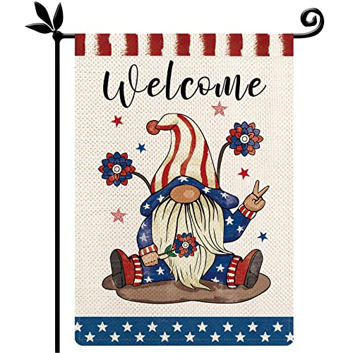 YOVOYOA Patriotic Gnomes Welcome Garden Flag, 12.5 x 18 Inch Double Sided American Star and Strip Floral Welcome Yard Flag, 4th of July USA Burlap Vertical Flag for Lawn Patio Decor