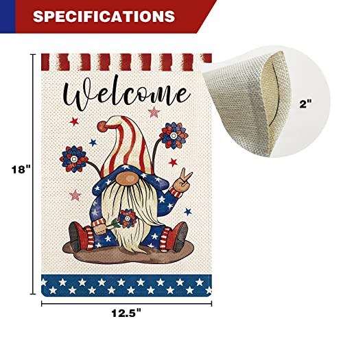 YOVOYOA Patriotic Gnomes Welcome Garden Flag, 12.5 x 18 Inch Double Sided American Star and Strip Floral Welcome Yard Flag, 4th of July USA Burlap Vertical Flag for Lawn Patio Decor