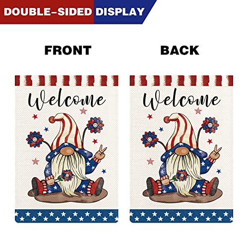 YOVOYOA Patriotic Gnomes Welcome Garden Flag, 12.5 x 18 Inch Double Sided American Star and Strip Floral Welcome Yard Flag, 4th of July USA Burlap Vertical Flag for Lawn Patio Decor