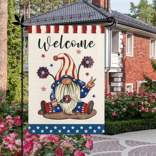 YOVOYOA Patriotic Gnomes Welcome Garden Flag, 12.5 x 18 Inch Double Sided American Star and Strip Floral Welcome Yard Flag, 4th of July USA Burlap Vertical Flag for Lawn Patio Decor