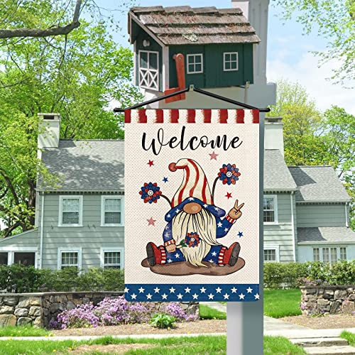 YOVOYOA Patriotic Gnomes Welcome Garden Flag, 12.5 x 18 Inch Double Sided American Star and Strip Floral Welcome Yard Flag, 4th of July USA Burlap Vertical Flag for Lawn Patio Decor